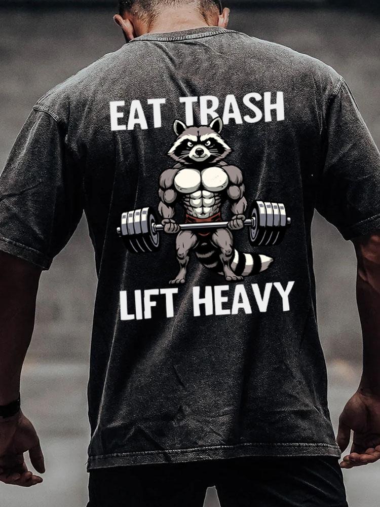 IronPandafit eat trash lift heavy back printed Washed Gym Shirt For Sale