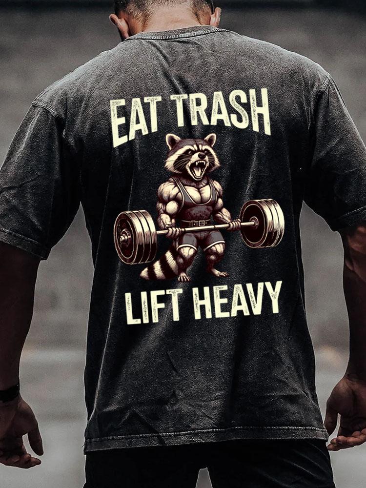 IronPandafit eat trash lift heavy back printed Washed Gym Shirt For Sale
